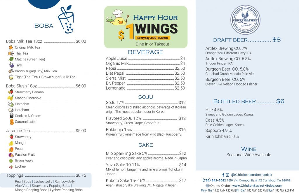 menu – Chicken Basket and Boba